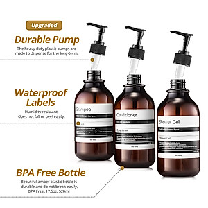 Mia home - 17.5 oz Refillable Empty Amber PET Plastic Bottle Set - 3 Bottles only with Labels, Shampoo & Conditioner & Shower Gel, Silcone Funnel