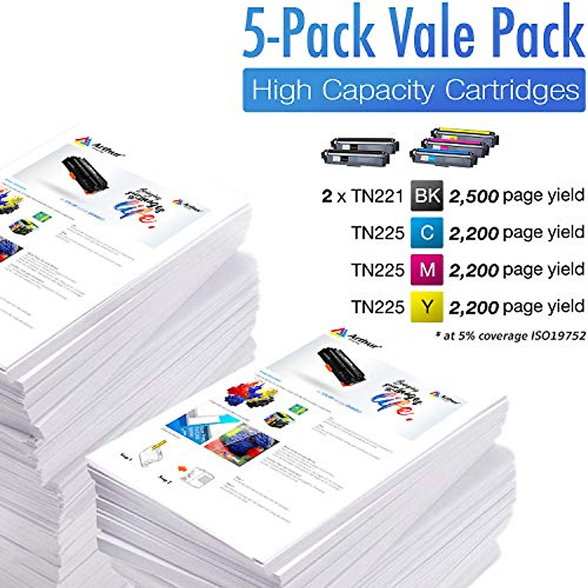 Arthur Imaging Compatible Toner Cartridge Replacement for Brother TN221 TN225 (2 Black, 1 Cyan, 1 Yellow, 1 Magenta, 5-Pack)