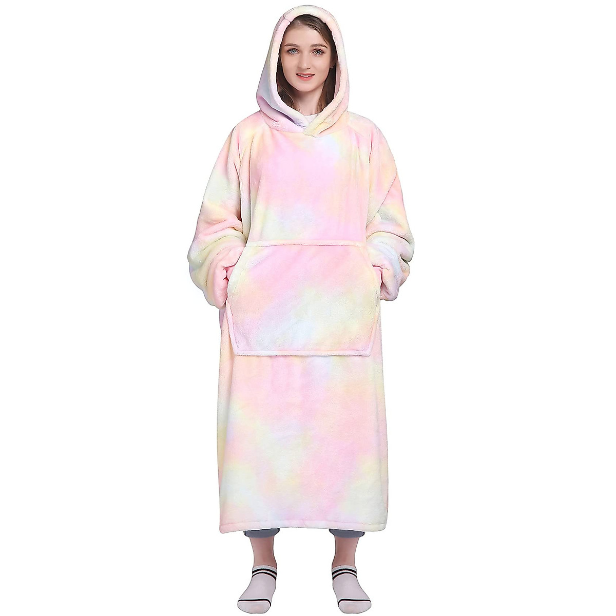 Waitu Wearable Blanket Sweatshirt Gifts for Women and Men, Warm and Cozy Rainbow Blanket Hoodie, Thick Flannel Hoodie Blanket with Sleeves, Blanket Robe for Adults and Kids