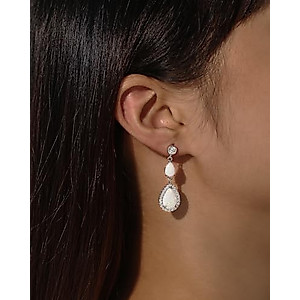 FANCIME October Birthstone Earrings Created Opal Dangle Earrings Sterling Silver 2 Stones White Fire Opal Halo Cubic Zirconia Long Teardrop Earrings for Women