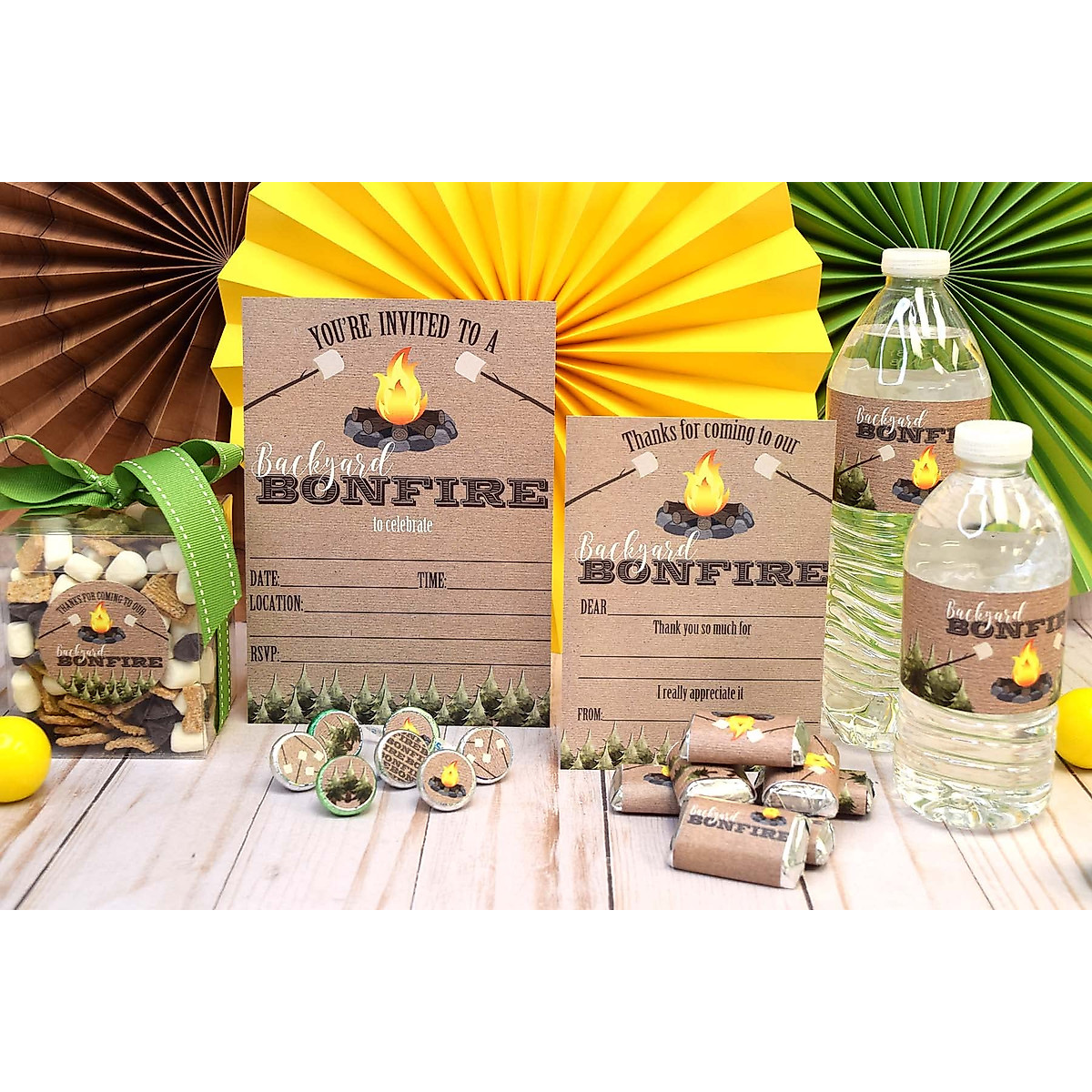 Backyard Bonfire Birthday Party Bundle Includes 20 each of Invitations & Thank You Cards with Envelopes + 2 Different Sizes of Stickers, Mini Candy Bar Wrappers, & Water Bottle Labels!