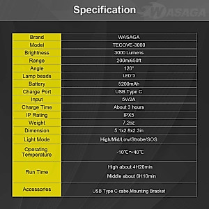 WASAGA USB Rechargeable Bike Light Set - 3000 Lumens Bike Headlight Super Bright Waterproof Bicycle Light and Taillight for Road Bike, BMX
