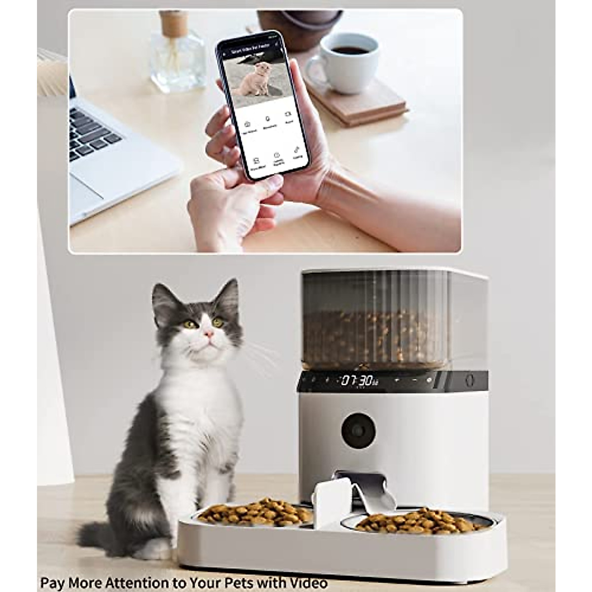 Automatic Cat Feeders with Camera,1080P HD Night Vision 2.4G WiFi 5L Pet Feeder,Height Adjustable Dog Dry Food Dispenser,Two Way Splitter & Three Stainless Bowls,10s Meal Call & Interaction (White)