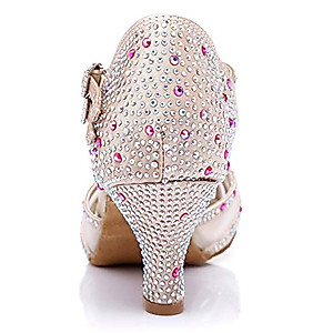 Minishion Crystals Dancing Sandals T-Strap Women's Satin Salsa Dance Shoes Nude US 8.5
