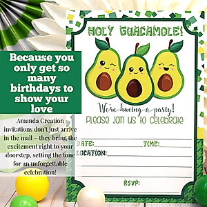 Trio of Avocados Holy Guacamole Fiesta Themed Birthday Party Invitations, 20 5x7 Fill In Cards with Twenty White Envelopes by AmandaCreation