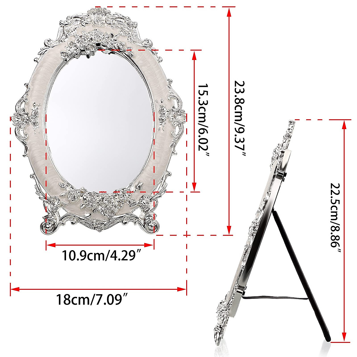 JUXYES Small Tabletop Dressing Mirror Vintage Metal Desktop Mirror with Stand, Antique Embossed Roses Countertop Makeup Mirror Retro Oval Cosmetic Decorative Mirrors for Table Centerpieces