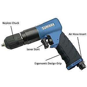 3/8" Air / Pneumatic Reversible Drill, Keyless Chuck, High Tool Power, Pistol Grip Gun With Soft Handle, (Sumake ST-M5010C)