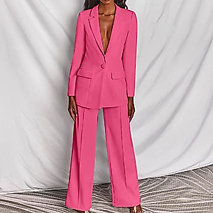 Pink Blazer for Women Casual Solid Long Sleeve Suit Button Coat High Waist Long Pant 16 Piece Set Womens Jacket and Pants