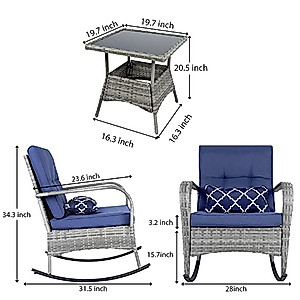IBITION 3-Piece Outdoor Rocking Chairs Set of 2， Wicker Patio Furniture Modern Rattan Chair Conversation with Cushions & Glass Table for Garden,Backyard, Bistro(Navy Blue)