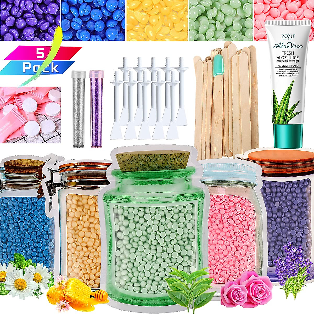 Hard Wax Beads for Hair Removal - 5Pack 100g 5 Colors wax bean for daily use with clean tool