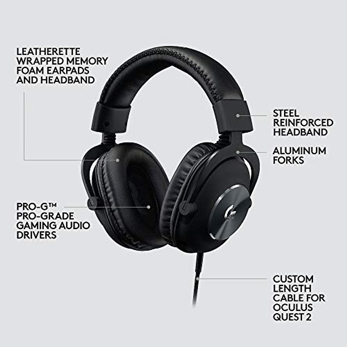 Logitech G PRO Gaming Headset for Oculus Quest 2 - Oculus Ready - Custom-length Cable - PRO-G Precision Gaming Audio Driver - Steel and Aluminum Build - Low-Latency 3.5 mm Aux Connection
