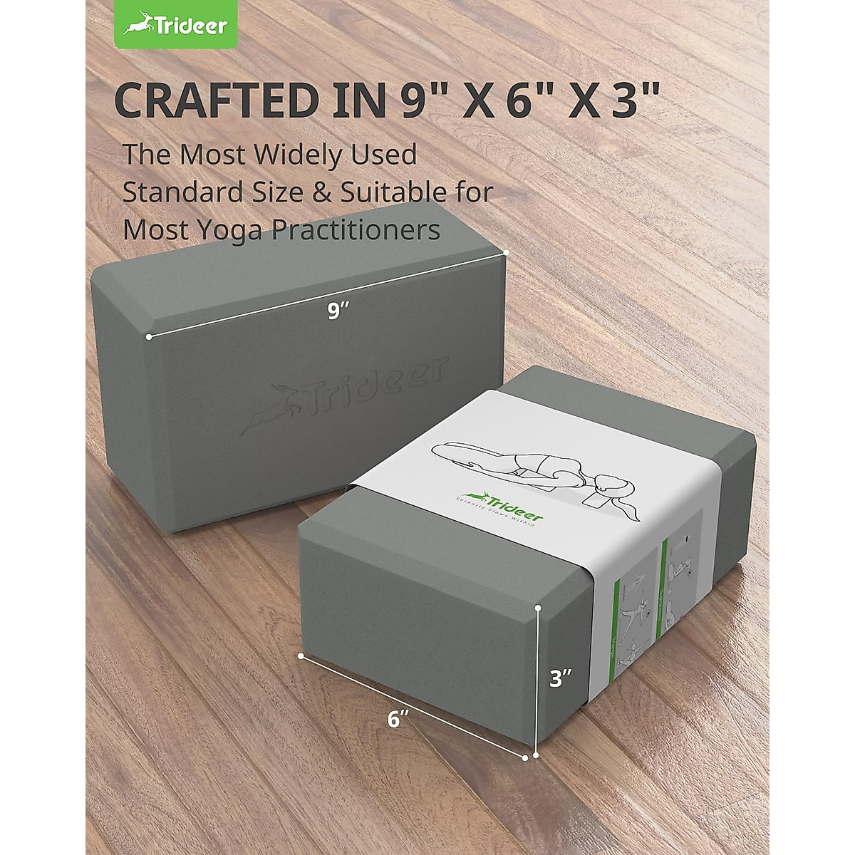 Trideer Yoga Blocks, Yoga Blocks 2 Pack, High Density EVA Foam Blocks, Supportive, Lightweight & Odor Resistant, Yoga Essentials for Yogi & Yogini, Yoga Accessories 9"x6"x3" (Gray)