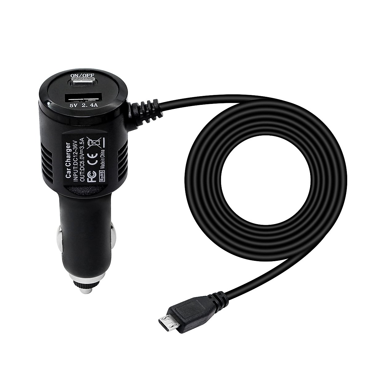 RIIEYOCA Dash Cam Micro USB Power Cable, with Switch USB 5V 2.4A Port, for Most Dash Camera and GPS Navigation, Compatible with USB Port Devices（Cable:11.48ft）