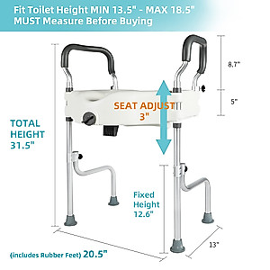 Raised Toilet Seat, Extra Wide Raised Toilet Seat with Handles, 5 Inch Elevated Toilet Seat Riser with Adjustable Legs for Elongated or Standard Commode Heavy Duty Bathroom Assist Safety Frame