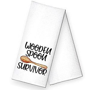 RZHV Wooden Spoon Survivor Kitchen Towel l, Funny Spoon Dish Towel Gift for Women Sisters Friends Mom Aunty Hostess Lover, Housewarming New Home