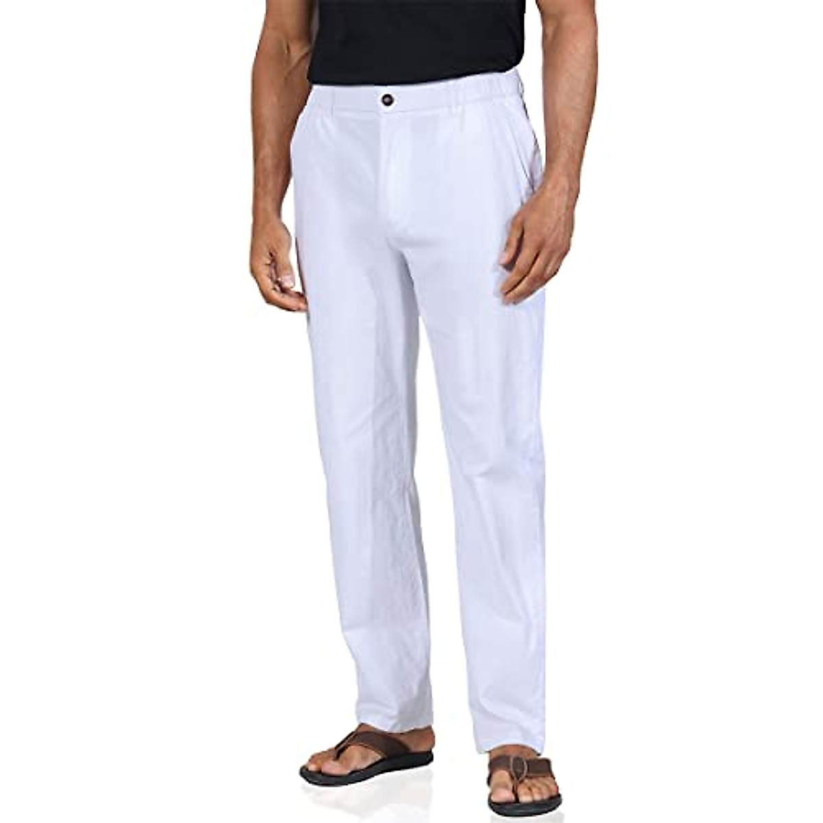 Soojun Men's Casual Linen Blend Relaxed Fit Straight Legs Elastic Waist Pants, White, 38W x 32L