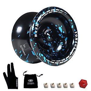 Yomega Dash Yoyo - Pro Aluminum Metal Unresponsive Yoyo with C Size Ball Bearing for Advanced yo yo Tricks + Extra 5 Strings + Glove + Bag + Die & 3 Month Warranty (Black Blue)