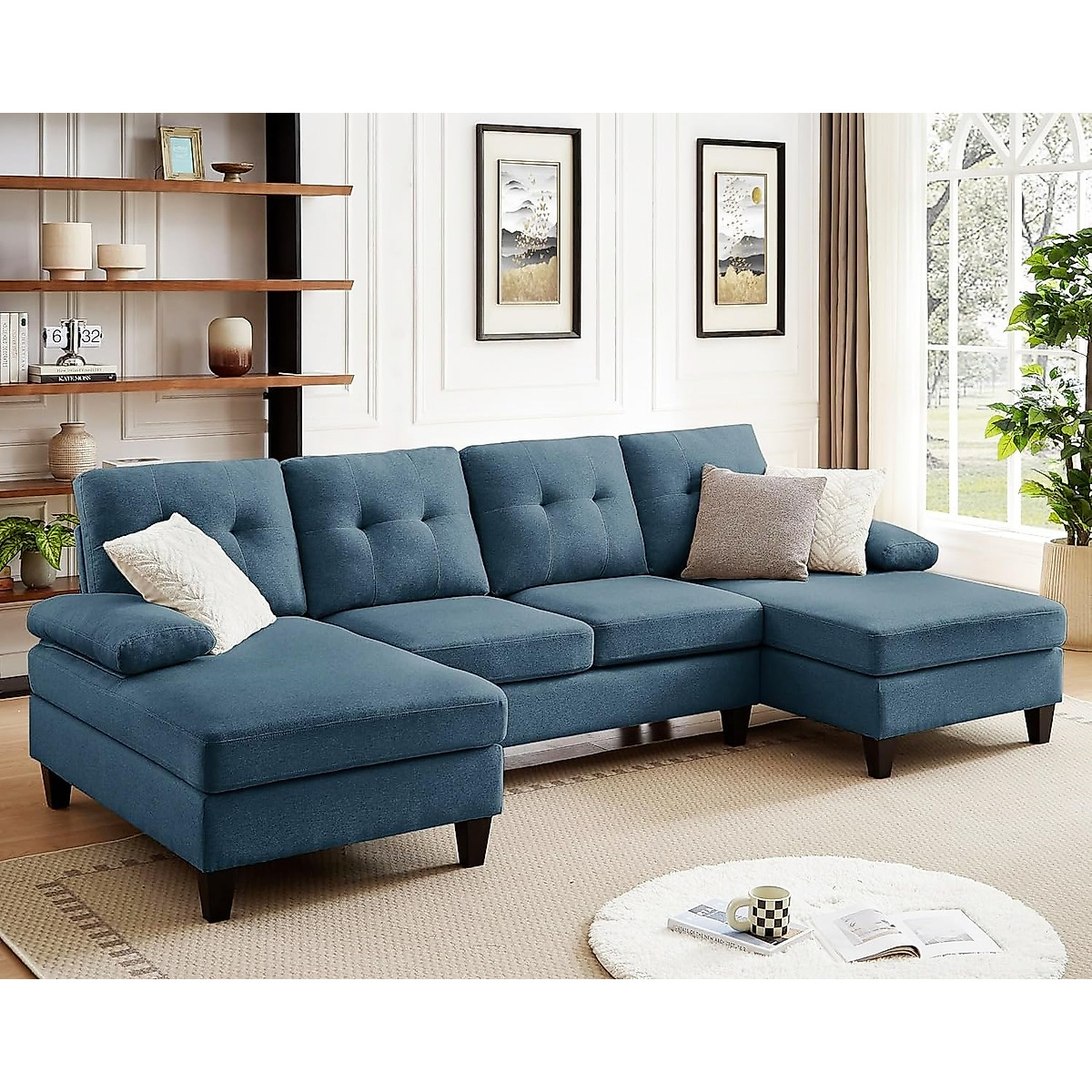 Pingliang Home Sectional Sofa Couch for Living Room, Convertible U Shape Sofas 4 Seat Modular Couches with Double Chaise and Portable Armrest, Modern Polyester Fiber, 111" (Blue)