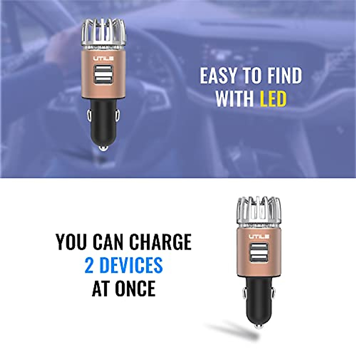UTILE Car Ionizer Purifier with Dual USB Charger – Ionic Air Freshener for Odor Removal | 2.1A/0.8W USB Charging for Phone, Tablet and Other Devices (Copper, Pack of 1)