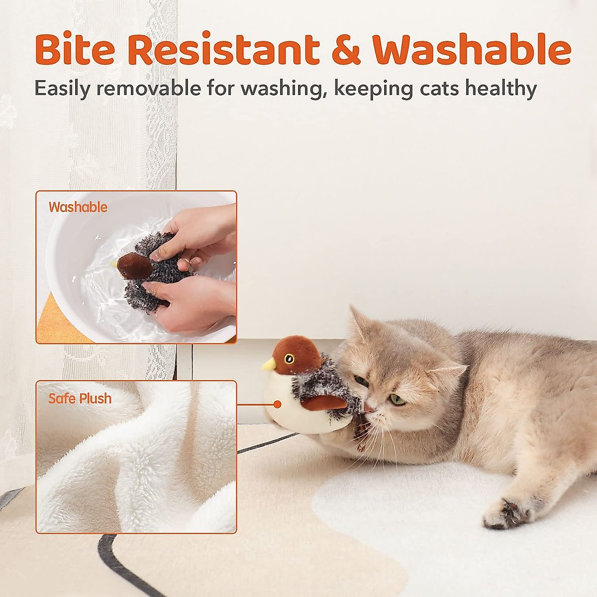 Potaroma Cat Toys Rechargeable Flapping Bird Sparrow, Lifelike Chirp Tweet, Touch Activated Kitten Toy Interactive Cat Exercise Toys for All Breeds Cat Kicker Catnip Toys 4.0 Inches