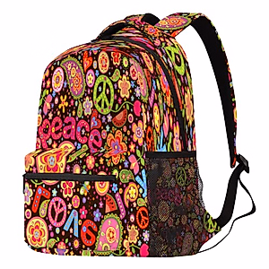 ZQYLAN Peace Sign School Laptop Backpack Colorful Floral Flower Teens School Bags Bookbag,18inch Large Water Resistant College Travel Computer Notebooks Daypack for Men Women