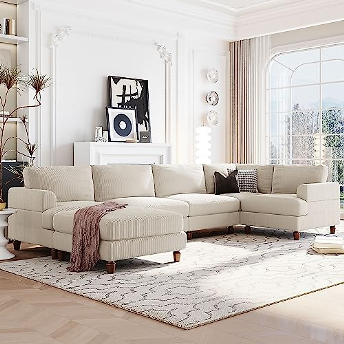 WADRI Modular Sectional Sofa with Ottoman, L-Shaped Corner Sectional, Corduroy Fabric Oversized Sectional Sofa, 5-Seat Couch or Living Room, Office, Free Combination (Beige-A55)