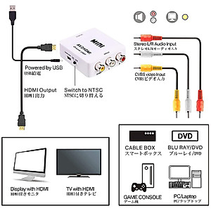 AV to HDMI Converter, RCA to HDMI Adapter, 1080p 3RCA CVBs to HDMI Composite Video Audio Converter Adapter for TV/PS3/VHS/VCR/DVD/PC/Blu-Ray DVD, White