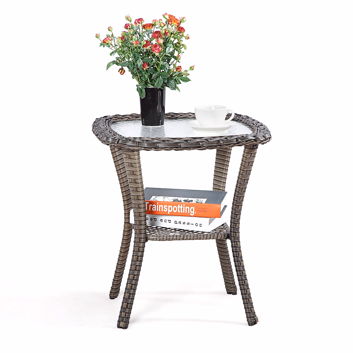 Joyside 20”x20”x22” Wicker Outdoor Side Table - Patio Coffee Table with 5” Tempered Glass & Convenient Storage Shelf Ideal for Patio Furniture Set, Brown