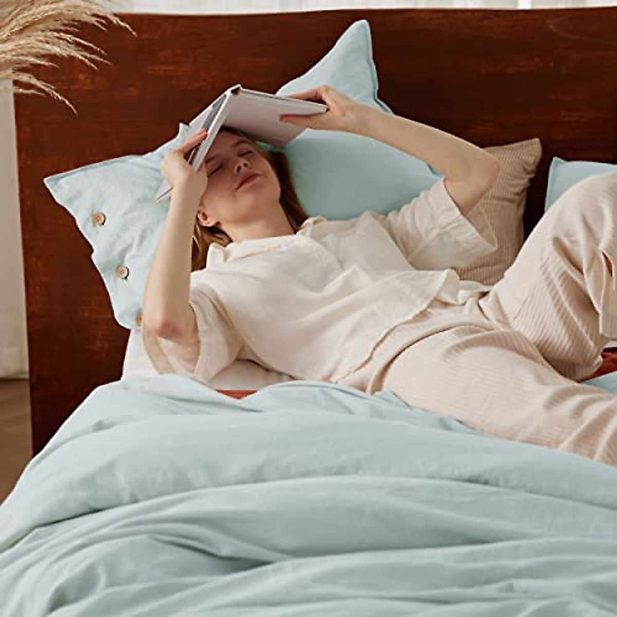 Bedsure Linen Duvet Cover King - Linen Cotton Blend Duvet Cover Set, Spa Blue Linen Duvet Cover, 3 Pieces, 1 Duvet Cover 104x90 Inches and 2 Pillowcases, Comforter Sold Separately