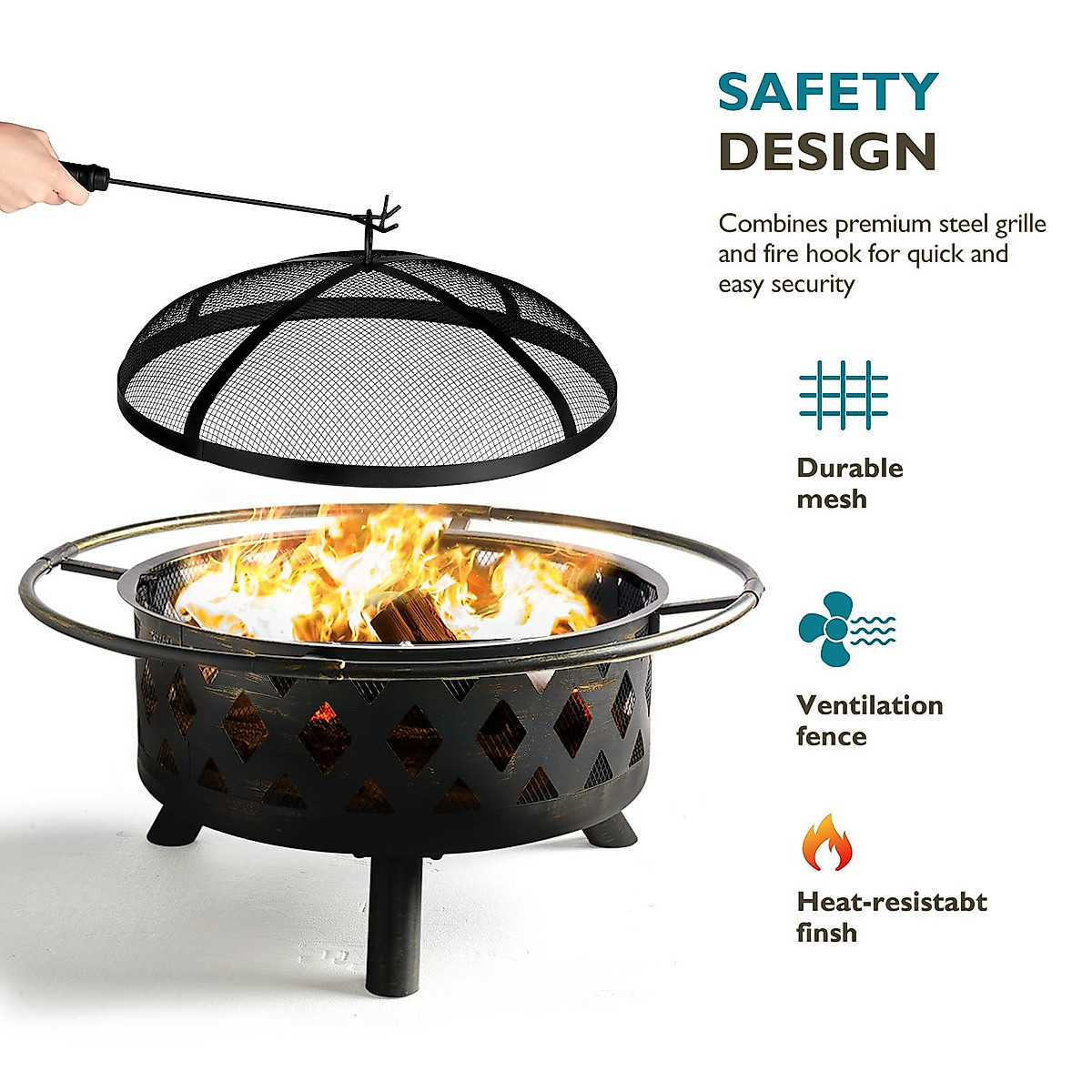 Breezestival 30 inch Fire Pits for Outside with Grill Outdoor Wood Burning with Removable Cooking Swivel BBQ Grill, Cover & Fire Poker for Backyard Bonfire Patio(Black)