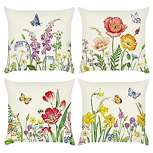 Bonhause Spring Floral Throw Pillow Covers 18x18 Set of 4 Garden Flower Butterfly Decorative Pillows Case Polyester Linen Cushion Covers for Couch Sofa Garden Patio Decor
