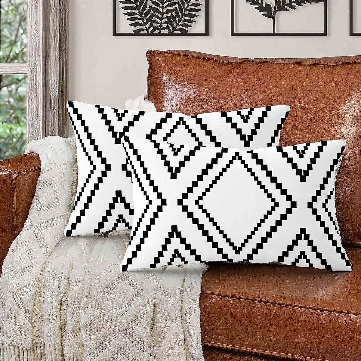 Yaofavo Set of 2 Black Lumbar Pillow Covers Boho Aztec Polyester Blend Decorative Throw Pillow Covers for Sofa Couch Bed Decor, 2 Pack of Pillowcase Only(12x20 Inches, Boho White More)