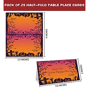 Halloween Table Place Card, 25 Pcs Tent Style Cards Set with Pumpkin and Ghost, Editable Name Cards for Table Seating, Scored for Easy Folding, Food Lables for Halloween Party (08)