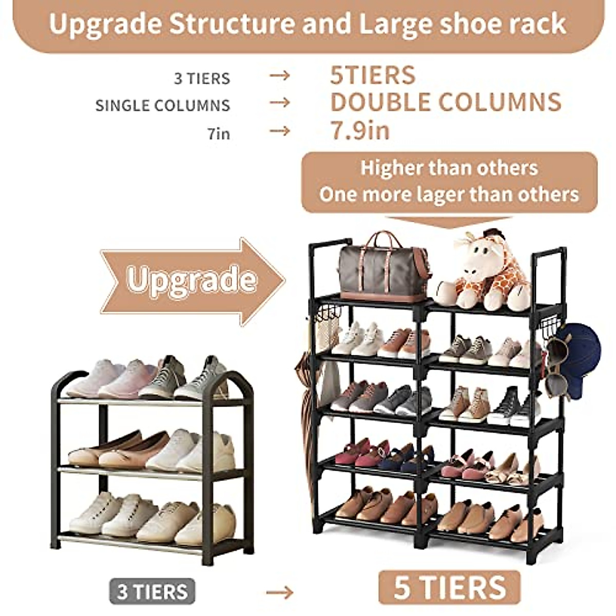 ROJASOP Shoe Rack Organizer for Closet Entryway, 20 Pairs 5-Tier Stackable Shoe Rack Storage Shelf for Hallway Bedroom Garage Dorm Free Standing Shoe Racks with Side Hooks Space Saving Shoe Rack