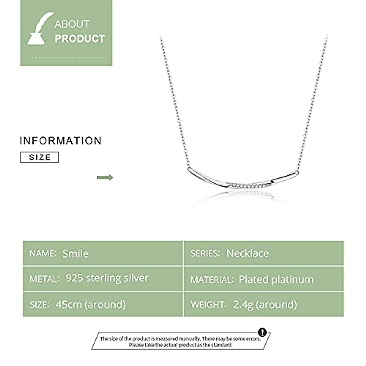 Personalized Necklace with CZ Crystal 925 Sterling Silver Personalized Necklace for Women (Simplicity Smile Bar Necklace)