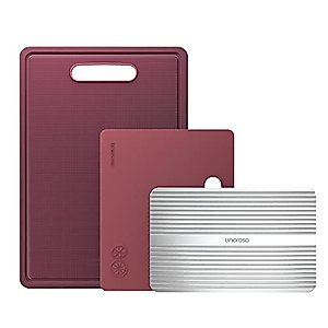 Linoroso Cutting Boards for Kitchen with Defrosting Tray Set of 3, Dishwasher Safe Plastic Cutting Board with Deep Juice Grooves, Non-Slip Durable Chopping Boards for Meat, Veggies, Fruits - Red