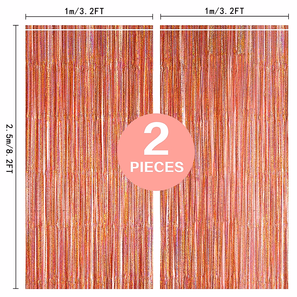 2 Pack 3.2ft x 8.2ft Rose Gold Foil Fringe Curtain Backdrop, Metallic Tinsel Foil Fringe Streamer Curtains Photo Booth Props, Ideal for Bachelorette Birthday Christmas New Year Party Decorations