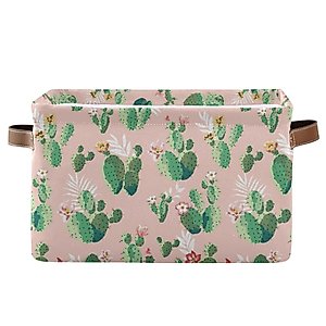 ALAZA Green Cactus Flower Pink Foldable Storage Box Storage Basket Organizer Bins with Handles for Shelf Closet Living Room Bedroom Home Office 2 Pack