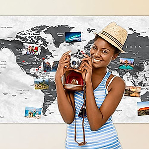 World Map XXL 51 x 28 inches, Travel Pin Board with Fleece Surface in Modern Wall Art Design, 20 Flag Push Pins Included