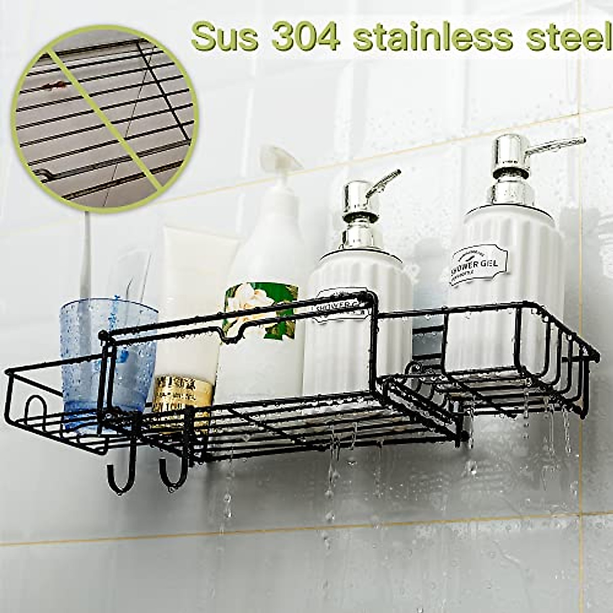 ETECHMART Shower Caddy Organizer, Expandable and Adhesive Bathroom Shower Shelf, SUS304 Rustproof Storage No Drilling Wall Shower Rack,1 Pack/Black