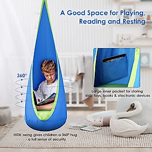 HITIK Kids Pod Swing Seat Holds Up to 300 LBS, Indoor Swing for Kids Hanging Hammock Chair with Upgraded Inflatable Cushion & All Accessories, Sensory Swing for Kids Indoor and Outdoor Use (Blue)