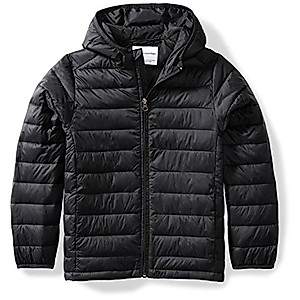 Amazon Essentials Boys' Lightweight Water-Resistant Packable Hooded Puffer Coat, Black, Large