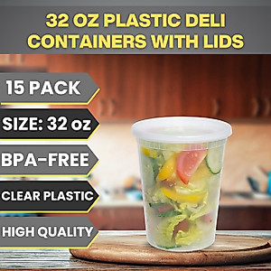 Smygoods 32oz Plastic Deli Containers with Lids - 15 Pack - BPA Free - Leakproof - Stackable - Microwave and Freezer Safe - Clear - Lunch Containers for Food Storage