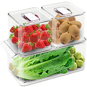 WAVELUX Produce Saver Containers for Refrigerator, Food Fruit Vegetables storage, 3 Pcs Stackable Freezer Fridge Organizer, Fresh Keeper Drawer Bin Basket with Vented Lids & Removable Drain Tray
