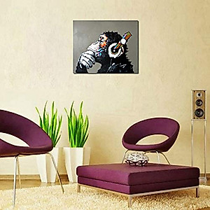 Muzagroo Art Music Monkey with Headphone Oil Paintings Hand Painted on Canvas Wall Art for Living Room Chimps Media Room Art M
