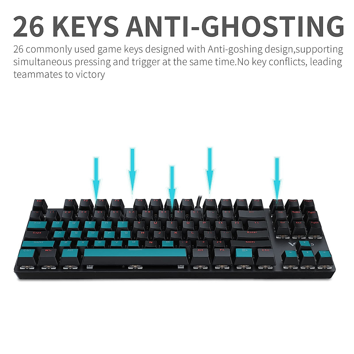 Mechanical Gaming Keyboard, RAPOO V500 Alloy Wired Keyboard with Black Switches for Game Players, Quick Response Gaming Keyboard, Anti-Ghosting Keyboard for Windows Gaming PC/Game Laptop, 87 Keys