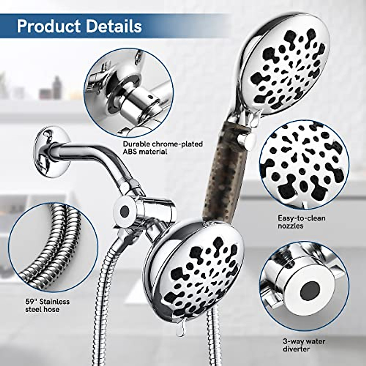 Fulgutonit Modern 9-Setting Shower Head with Handheld Combo, Polished Finish, Removes Chlorine and Harmful Substances