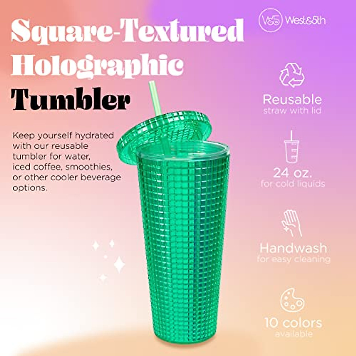 WEST & FIFTH Grid Plastic Cold-Cup Tumbler with Straw, Iridescent Semi-Transparent Square-Textured Cup, BPA-Free Double-Wall Cup for Iced Coffee, Cold Drinks, or Water, 24oz., Mint