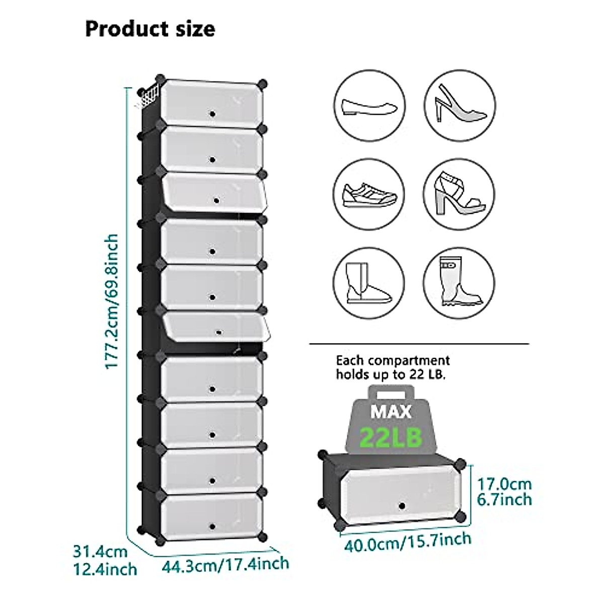 DINMO 10-Tier Shoe Rack with Doors for Entryway, 20 Pairs, Portable Plastic Cubby Shoe Shelves Organizer Unit, DIY Shoe Cabinet, Black