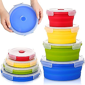 Nuenen Set of 8 Collapsible Food Storage Containers with Lids Silicone Flat Collapsible Bowls for Stacks Travel Camping Meal Prep Container for Kitchen, Freezer Microwave Dishwasher Safe (Round)